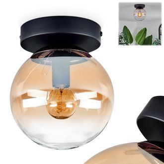 HOFSTEIN Deckenleuchte Gastor, Deckenlampe aus Metall/Glas in Schwarz/Bernsteinfarben/Klar, Leuchte im Retro/Vintage-Design mit Schirm aus Glas (&Oslash; 15 cm), 1 x 