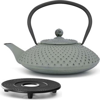 Bredemeijer gr&uuml;ne Teekanne 1.25 Liter Gusseisen - flache Asia Gusskanne Induktion im Set mit Untersetzer & Teefilter-Sieb-Einsatz
