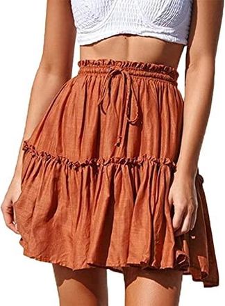 Hoerev Jupe Courte évasée à Motif Floral pour Femme et Fille Mini Jupe de Plage à Volants,Orange,S