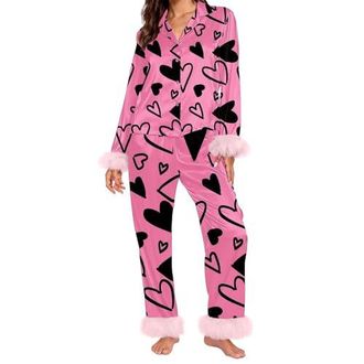 Generic Ensemble de pyjama en satin pour femme - V&ecirc;tement de nuit imprim&eacute; coeur - Haut et pantalon boutonn&eacute;s - Tenue 2 pi&egrave;ces - Pyjama en soie doux et confort