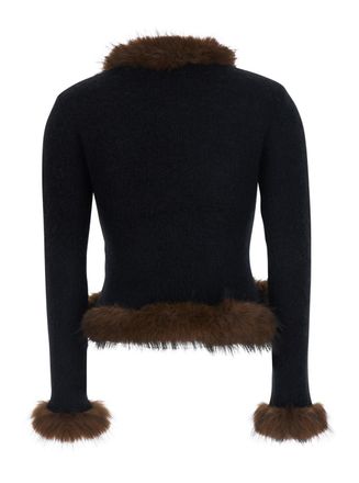 Self Portrait Faux Fur-Trimmed Cardigan - Black