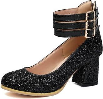 Generic Chaussures Mary Jane tendance &agrave; paillettes avec bout rond et talon bloc, pour femme, avec sangle de cheville, style d&eacute;contract&eacute; et polyvalent, Noir, 3