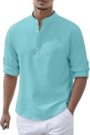 Generic Chemise Col Mao Homme Grande Taille, Blouse Homme Manches Longues,Tee Shirt &eacute;t&eacute; Couleur Pure Top Col V de Plage Hauts avec Boutonn&eacute;e D&eacute;contract&eacute; Ample