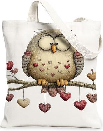 Generic Sacs fourre-tout en toile motif chouette, motif coeur fantaisie, sacs d&eacute;picerie r&eacute;utilisables, l&eacute;gers et lavables en toile pour Sho, blanc, 13x15 Inch