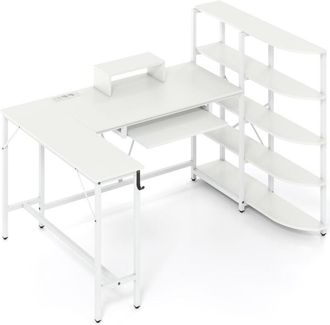 Costway Bureau en L avec 5 &Eacute;tag&egrave;res, Table dOrdinateur avec Support pour Moniteur, Bureau dangle avec Crochet pour Casque et Tiroir pour Clavier, Blanc