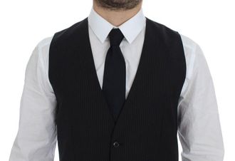 Dolce & Gabbana Mens Black Striped Wool Single Breasted Vest Clothing