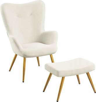 Yaheetech Ohrensessel mit Hocker aus Cordstoff Loungesessel mit Klappbarer R&uuml;ckenlehne bis 136 kg belastbar Sessel f&uuml;rs Wohnzimmer/Schlafzimmer Beige