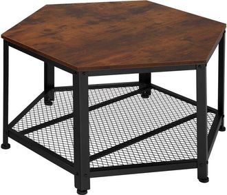 TecTake Table basse de salon hexagonal avec &eacute;tag&egrave;re grillag&eacute;e bois fonc&eacute;