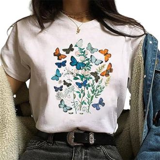 Keephen Vibrant Papillon T-Shirt Femmes Belle Color&eacute; Papillon Impression 3D Manches Courtes Blouse Casual Col Rond Tee Tops