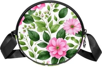 Generic Petit sac &agrave; bandouli&egrave;re circulaire pour femme, motif feuilles florales, sac &agrave; dos avec fermeture &eacute;clair, bretelles r&eacute;glables, sac &agrave; main rond d&eacute;contra
