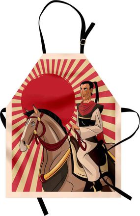 Abakuhaus Samurai Kochsch&uuml;rze, Japanischer Mann auf Einem Pferdekarikatur-Art-orientalischen Kultur-Comic-Buch-Effekt Stripes, Farbfest H&ouml;henverstellbar Waschba