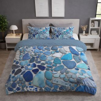 Generic Bettw&auml;sche 140 x 200 cm 2er Set Bettbezug Set Mit Kissenbezug 80 x 80 cm Blau Frisch Minimalistisch Steine Weicher und Strapazierf&auml;higer Mikrofaseranz