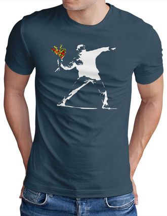 OM3 Banksy Flower Thrower T-Shirt - Herren - Urban Street Art Peace Graffiti Punk Indie Sozial Kritik - Denim, 4XL