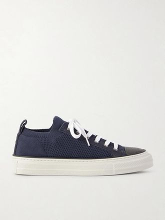 Brunello Cucinelli Sneakers Aus Stretch-strick Mit Velourslederbes&auml;tzen Und Zierperlen - Blau