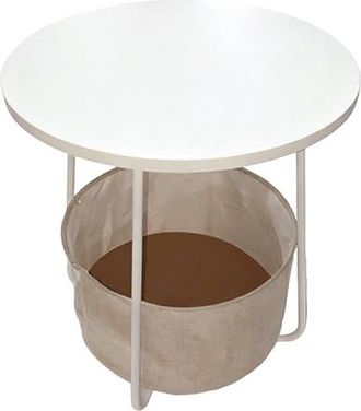 Relaxdays Beistelltisch, runder Couchtisch, mit Stoffkorb, HD 50x45 cm, Kaffeetisch Wohnzimmer, MDF & Metall, wei&szlig;-beige