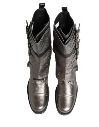 Dolce & Gabbana Mens Metallic Silver Combat Biker Mid Calf Boots Shoes Leather