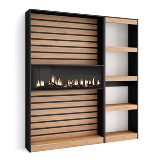 Skraut Home | Bücherregal Bibliothek | Bookshelf, Bookcase | 170x186x25cm | Wohnzimmer, Esszimmer, Büro | Elektrokamin. Maße | Moderner Stil | Eiche Schwarz