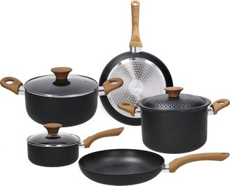 Tognana Rock In Wood Topf- und Pfannen-Set, 2 Pfannen, 2 T&ouml;pfe, 1 Pastatopf, 2 transparente Deckel, 1 Deckel mit L&ouml;chern, 8-teilig, Aluminium, schwarz
