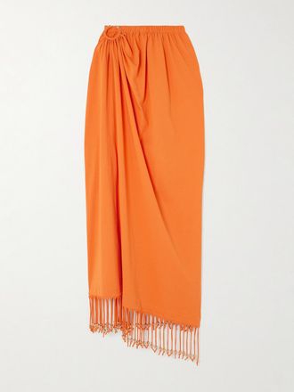 Paco Rabanne Jupe Midi En Jersey De Coton &Agrave; Fronces, Franges Et Ornements - Orange