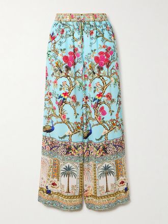 Camilla Pantalon Large En Satin De Soie Imprim&eacute; - Bleu