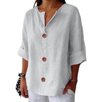 Generic Chemise boutonnée en coton et lin à manches 3/4 pour femme, col en V, uni, coupe ample, tenue dautomne, blanc, 5XL