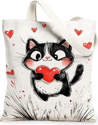 Generic Sac fourre-tout en toile motif chat mignon, adorable imprim&eacute; coeur, sac de courses r&eacute;utilisable, l&eacute;ger et lavable &agrave; bandouli&egrave;re pour les voyages, blan
