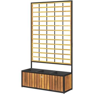 OUTSUNNY Jardinière avec treillis design tropical dim. 74 x 27 x 131 cm bicolore acier noir bois acacia verni