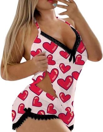 Generic Pyjama pour femme Saint-Valentin sans manches Chemise de nuit sexy avec coeur imprim&eacute; Sous-v&ecirc;tements Lingerie pour pyjama en flanelle douce Courte Sai