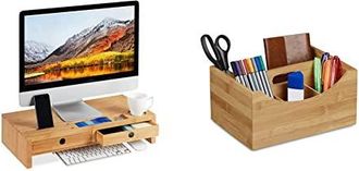 Relaxdays Monitorständer, aus Bambus, Bildschirmerhöhung mit 2 Schubladen & Ablagen, HBT 12x56x27cm, Natur & Schreibtischorganizer Bambus, Stifteköcher, 4 Fäche