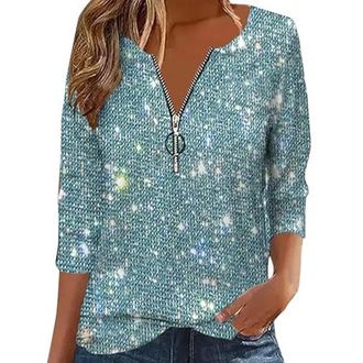 Generico Chemise &eacute;l&eacute;gante pour femme avec paillettes brillantes - Col rond avec fermeture &eacute;clair - Haut pour femme - Pour f&ecirc;te, printemps, vacances, f&ecirc;te, d&eacute;co