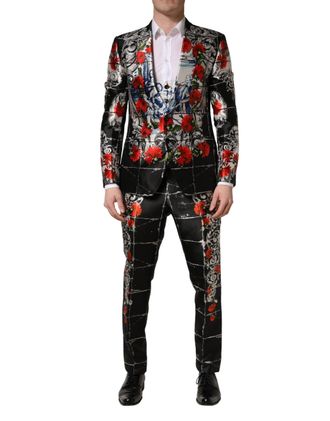 Dolce & Gabbana Mens Black Floral 2 Buttons Formal 3 Piece Suit Silk
