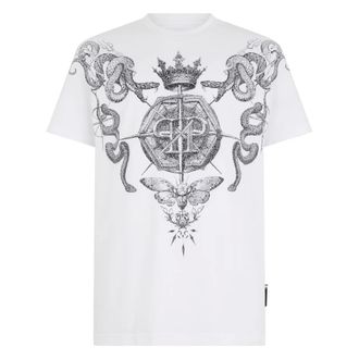Philipp Plein Homme, Tops, Blanc, Taille: 2XL T-Shirt Col Rond Rose des Vents Tatouage