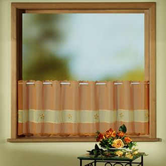Heimtexland Gardine Vorhang Scheibengardine in zartem orange mit schöner Stickerei Blumen und gebogter Kante Bistro mit Stangendurchzug HxB 45x150 cm TOP QUALITÄT