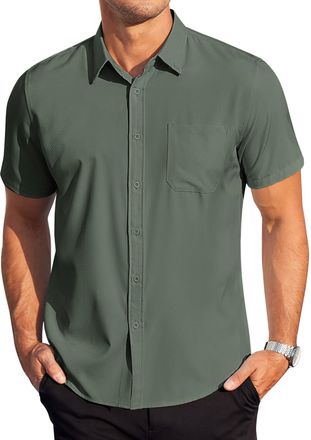 Coofandy Herren Hemd Kurzarm Regular Fit Freizeithemd mit Tasche Business Hemden Einfarbig Casual Sommer Hemd Dunkelgrün XXL