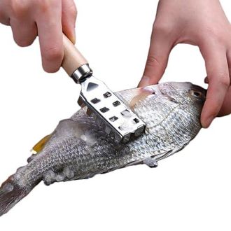 Generic &Eacute;cailleur de poisson en acier inoxydable - Grattoir en m&eacute;tal avec poign&eacute;e en bois pour la cuisine, le tartre et le remplissage pour hommes et femmes, 