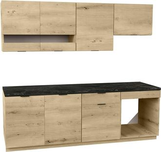 Vente-Unique K&uuml;chenzeile - Mit Arbeitsplatte 200 cm - Holzfarben & Anthrazit - CARMEO