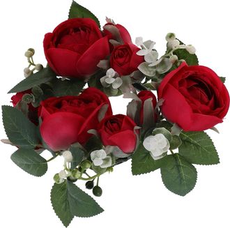 BESPORTBLE K&uuml;nstlicher Rosenkerzenring Blumenkranz f&uuml;r S&auml;ulenkerzen Filigraner Kerzenkranz in Roter Farbe Langlebige Hochzeits und Tischdekoration