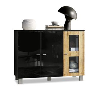 Vladon Sideboard Denjo, Made in Germany, Kommode mit 3 Türen, Schwarz matt/Schwarz Hochglanz/Eiche Natur (107 x 81 x 35 cm)