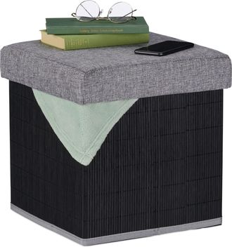 Relaxdays Sitzhocker mit Stauraum, gepolstert, faltbar, Bambus, Stoff, HxBxT: 36 x 35 x 35 cm, Sofahocker, schwarz/grau