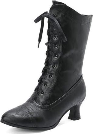 Generic Bottines victoriennes à lacets style vintage avec bout en amande pour femme, Noir, 37.5 EU