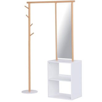 HOMCOM Porte-manteaux meuble dentrée vestiaire penderie avec miroir 4 patères 2 niches dim. 100L x 34l x 164H cm MDF blanc bois massif bambou