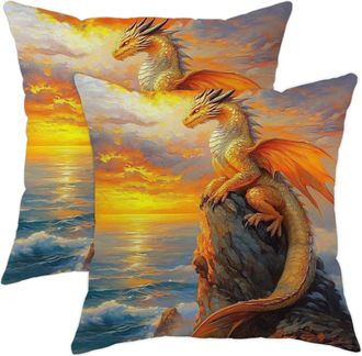 Generic Dragon Art Dekokissenbez&uuml;ge, 2er-Set, goldene Fantasy-Drachen-Kissen, dekorativ, quadratisch, mythische Heimdekoration f&uuml;r Sofa, Couch, Schlafzimmer, 