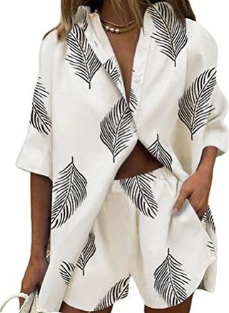 ORANDESIGNE Ensemble 2 Pièces Femme Été Haut Décontracté et Short avec Poche Multicolore Imprimé Costume Chic et Elegant Set Short Chemise Tenue Casual Outfit Sui