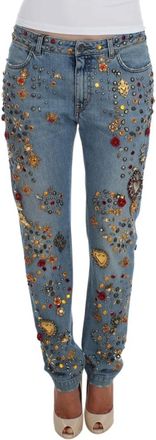 Dolce & Gabbana Femme, Jeans, Bleu, Taille: 32 FR Jeans Orn&eacute;s de Coeurs et de Roses en Cristal