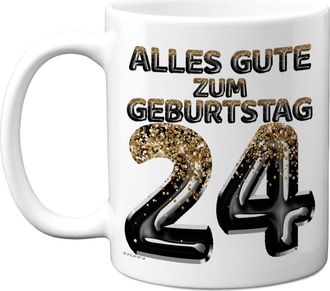 Stuff4 24. Geburtstagsgeschenke - Schwarz Gold Glitzerballons Tasse - Geburtstag Tasse für Männer und Frauen, 325 ml Premium-Keramiktasse, Spülmaschinenfest