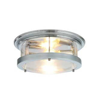 Licht-Erlebnisse Deckenleuchte Badezimmer IP44 &Oslash; 35 cm H: 14,5 cm flach in Chrom 2x E27 Glas Metall Deckenlampe Badezimmerleuchte