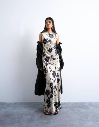 Topshop Robe mi-longue dos nu en satin à fleurs - Noir et blanc