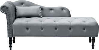 Beliani Chaiselongue Linksseitig Grau Samtstoff mit Kissen Hohe R&uuml;ckenlehne Armlehnen Gedrechselte Holzf&uuml;&szlig;e Nieten Kn&ouml;pfe Retro Chesterfield Stil