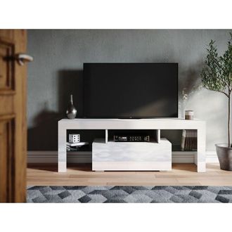 Sonni Meuble tv blanc avec porte pliante led brillant 135x35x45cm - Sonni