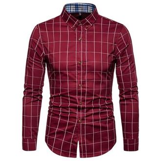 Generic Chemise &agrave; manches longues pour homme, coupe droite, style d&eacute;contract&eacute;, tendance, coupe ajust&eacute;e, col &agrave; manches longues, chemise &agrave; carreaux athl&eacute;tique, 
